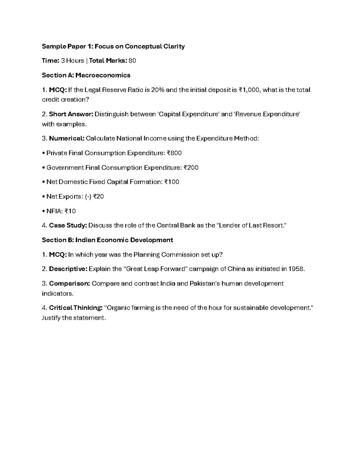 Macroeconomics & Indian Economic Development Sample Paper 1 & 2 - Studocu