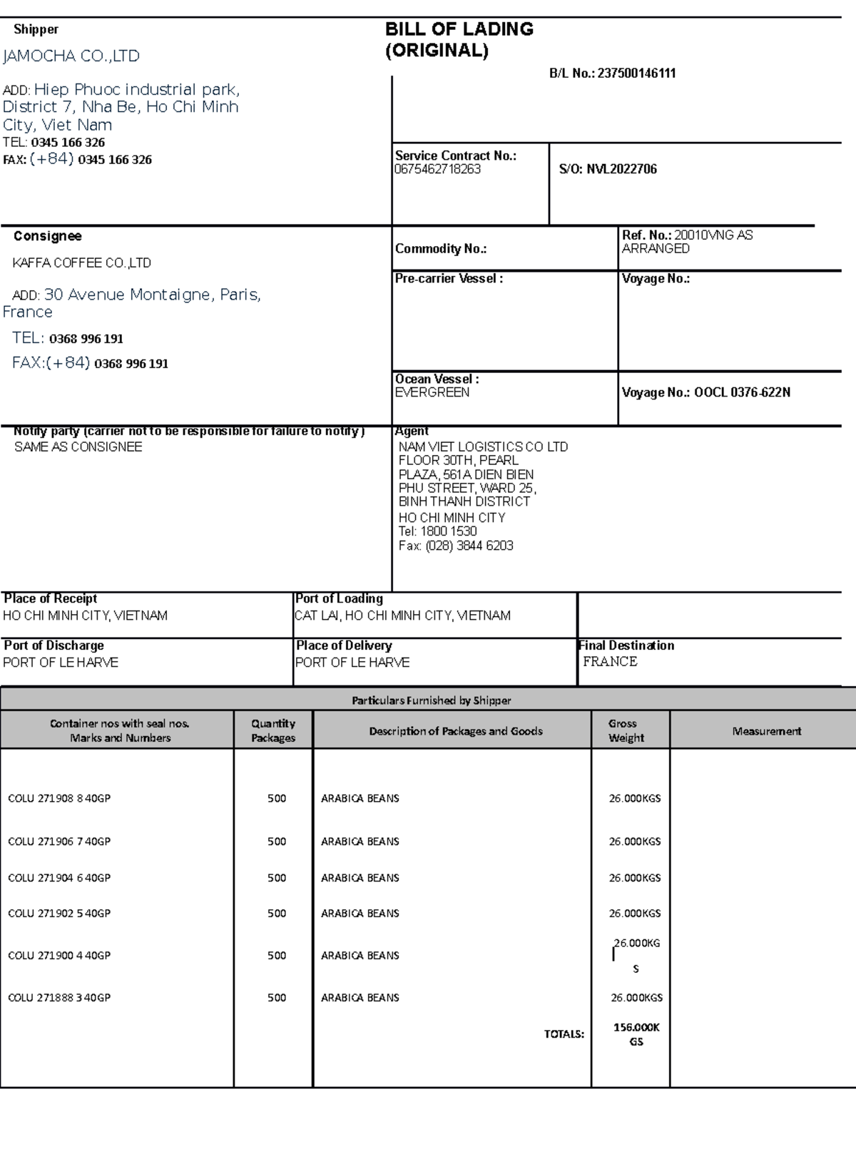 Bill of Lading - Shipper BILL OF LADING JAMOCHA CO.,LTD (ORIGINAL) B/L ...