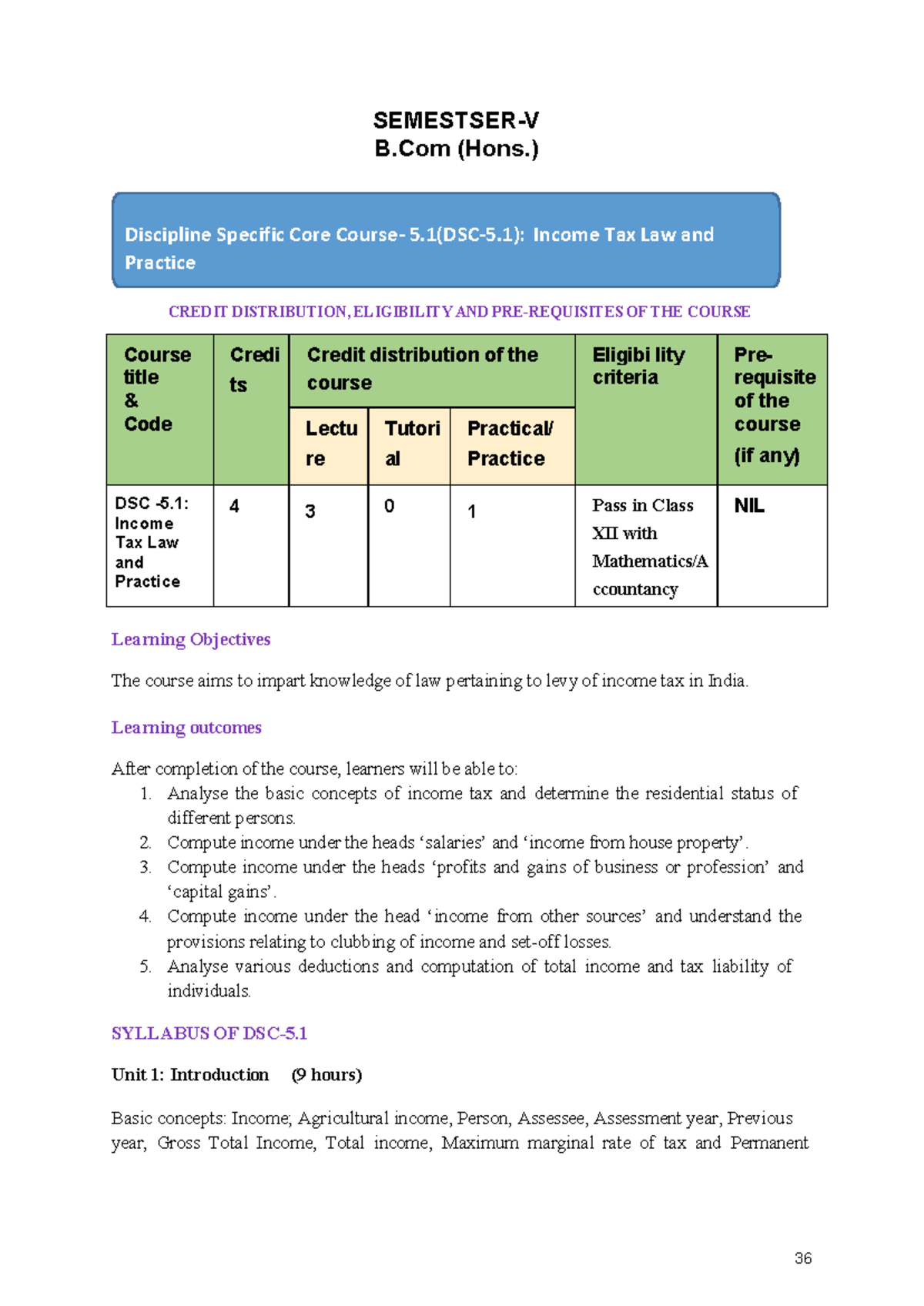 B.Com (Hons.) Semester V Syllabus: Income Tax Law, Management ...
