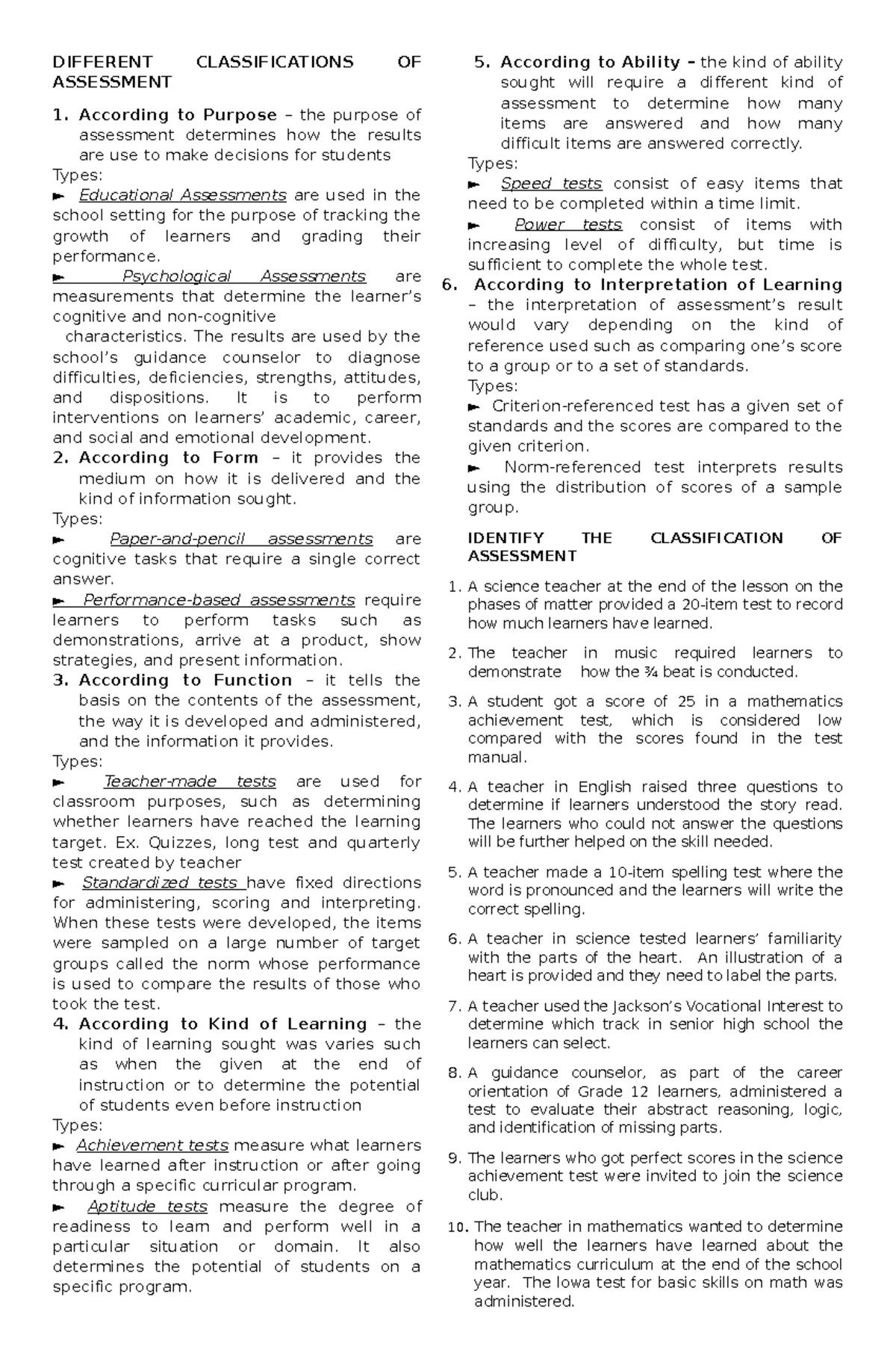 Different Classifications of Assessment: Overview and Examples - Studocu