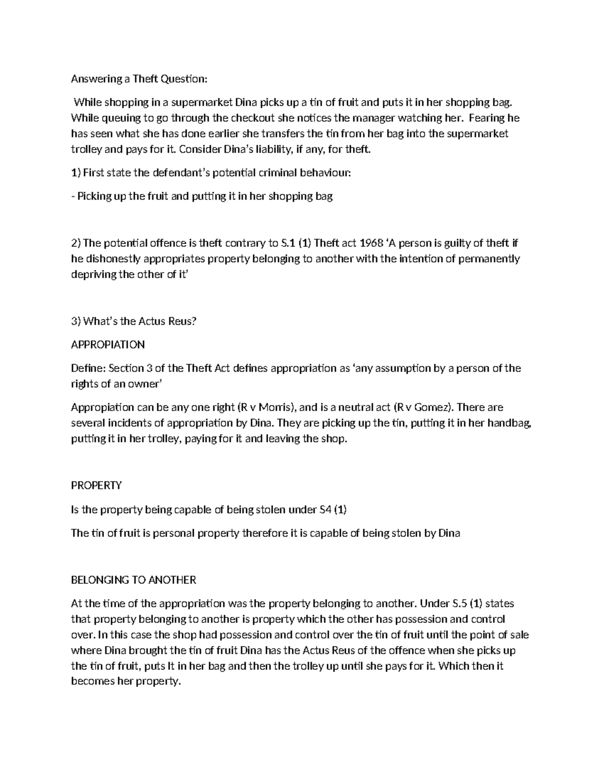 Criminal Law - Theft Liability Analysis of Dina's Case Study - Studocu