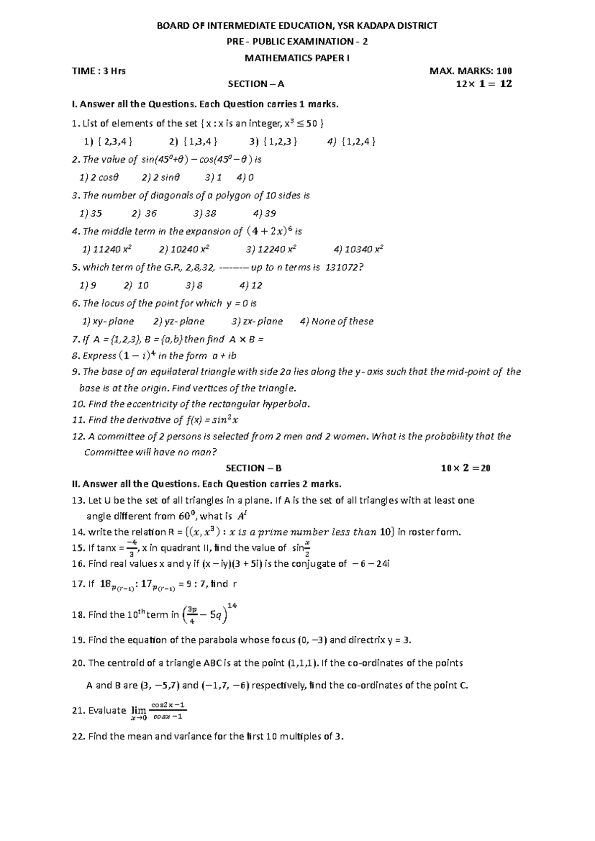 1ST YEAR Maths EM - Pre Public Exam 2 Mathematics Paper I - Studocu