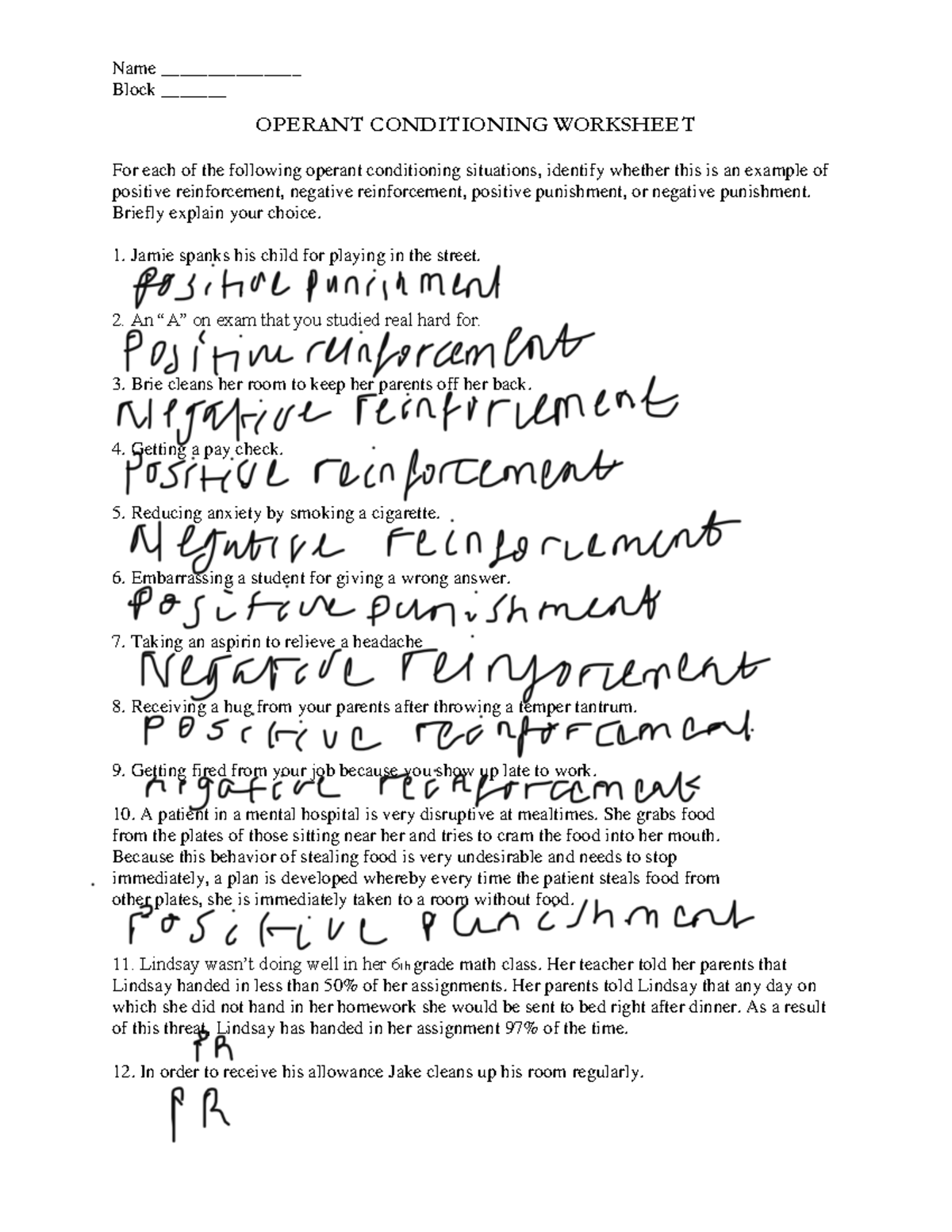 Operant Conditioning Worksheet - Name _______________ Block ...