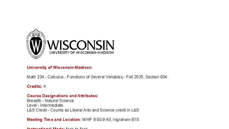 MATH 234 Fall 2025 Syllabus: Calculus of Several Variables - Studocu