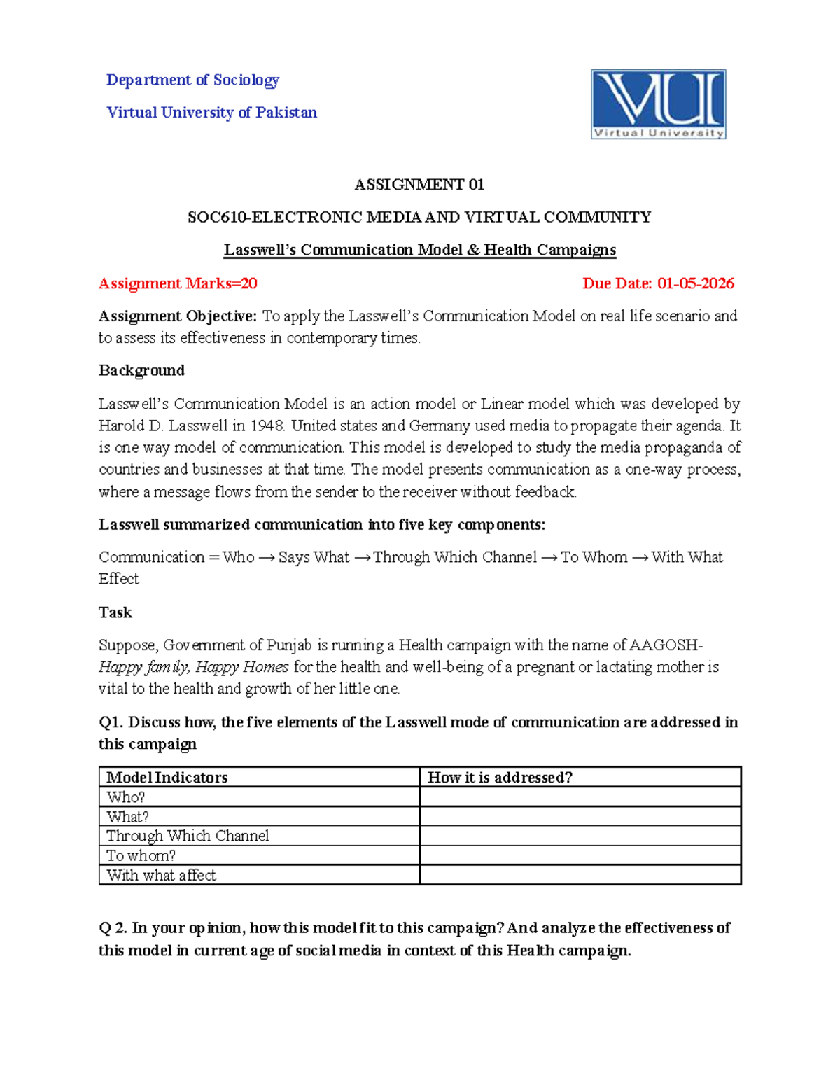 SOC610 Assignment 01: Communication Model in Health Campaigns - Studocu
