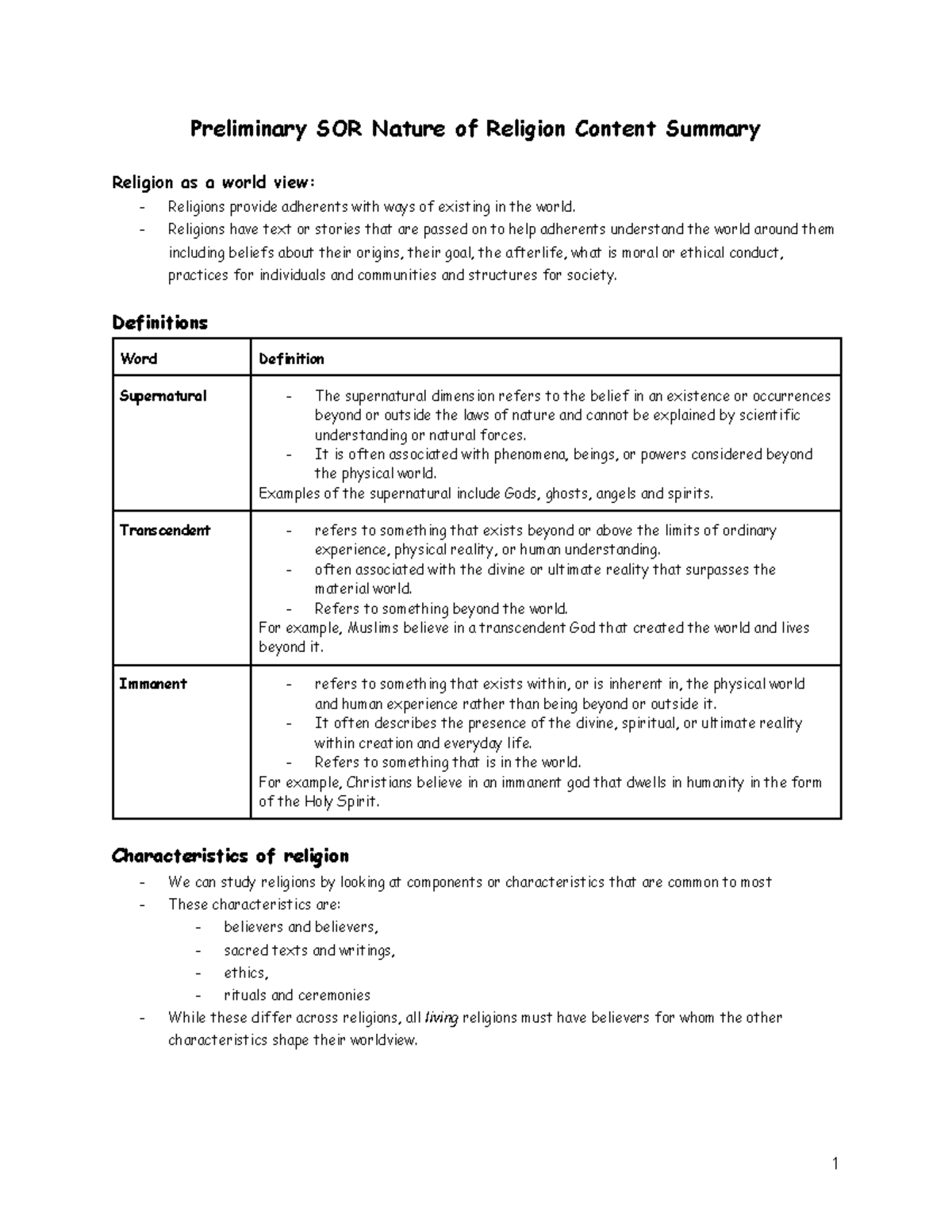 Preliminary SOR: Nature of Religion Overview and Key Concepts - Studocu