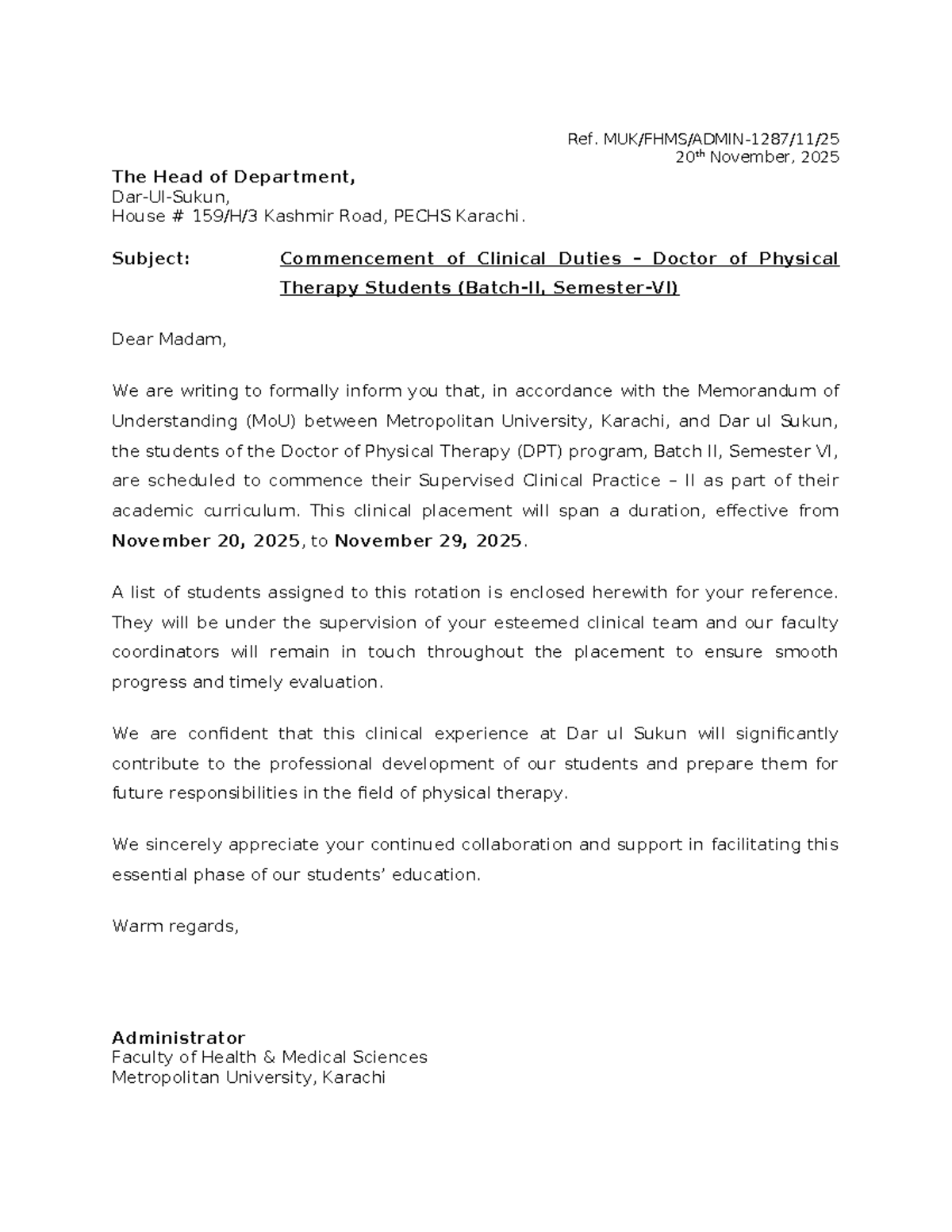 Letter to Dar ul Sukun for Clinicals (DPT II, Sem VI) - Studocu