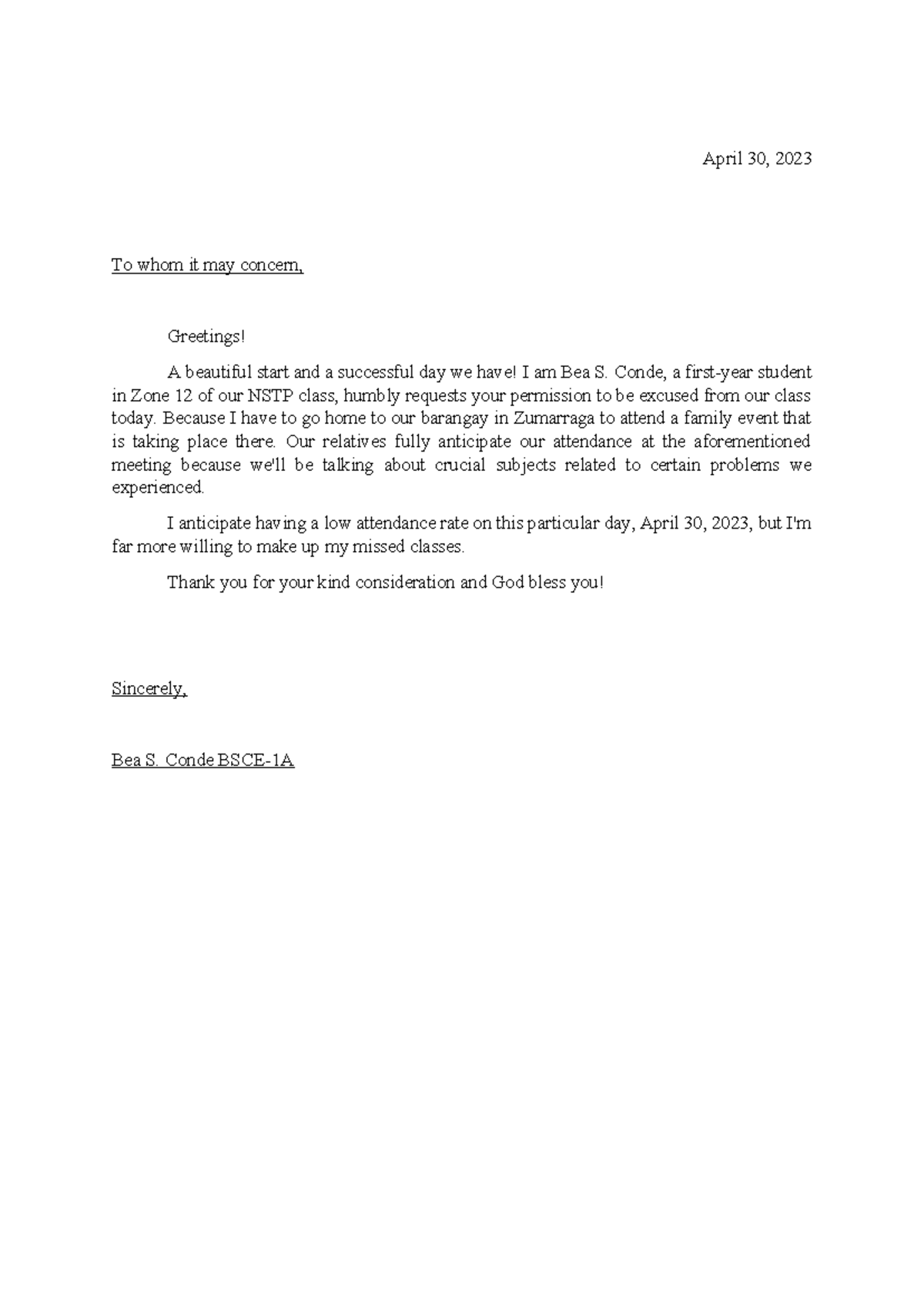 NSTP Excuse Letter for Class Absence - April 30, 2023 - Studocu