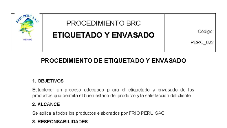 Procedimiento BRC Etiquetado y Envasado PBRC_022 - Studocu