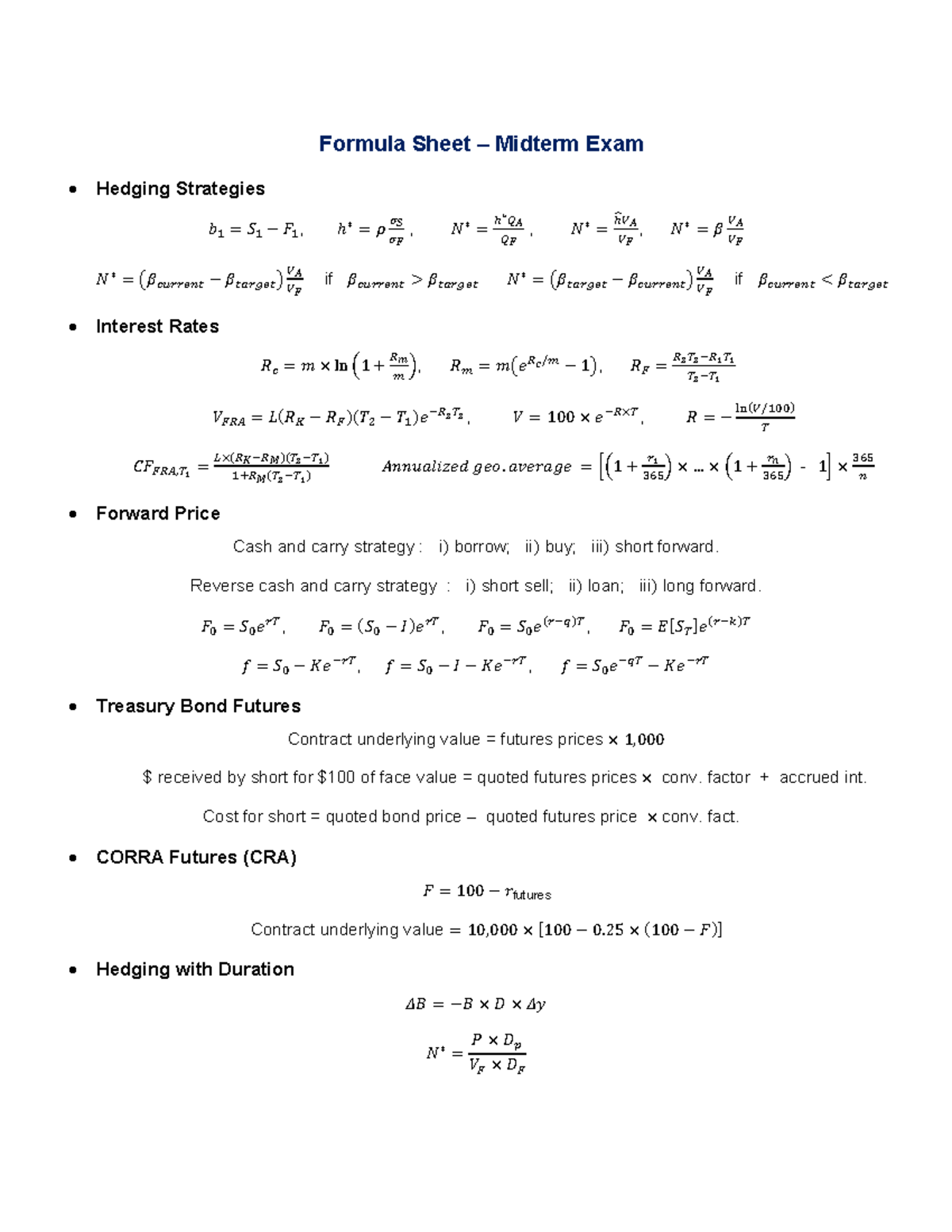 Formula Sheet Midterm Exam: Hedging Strategies and Key Concepts - Studocu