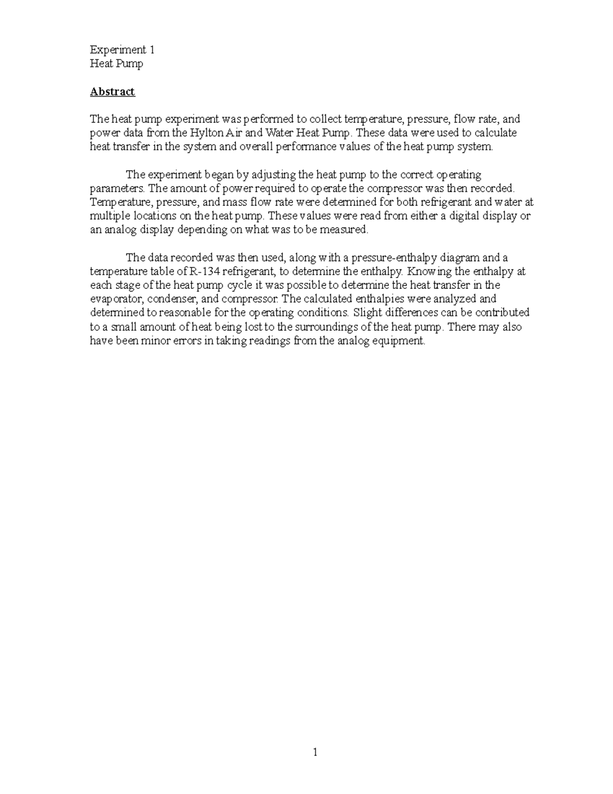 Heat Pump Performance Analysis: Lab Report on Experiment 1 - Studocu