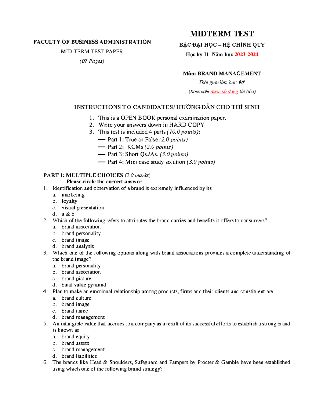 Midterm Test Paper BM S2: Brand Management Examination 2023-2024 - Studocu