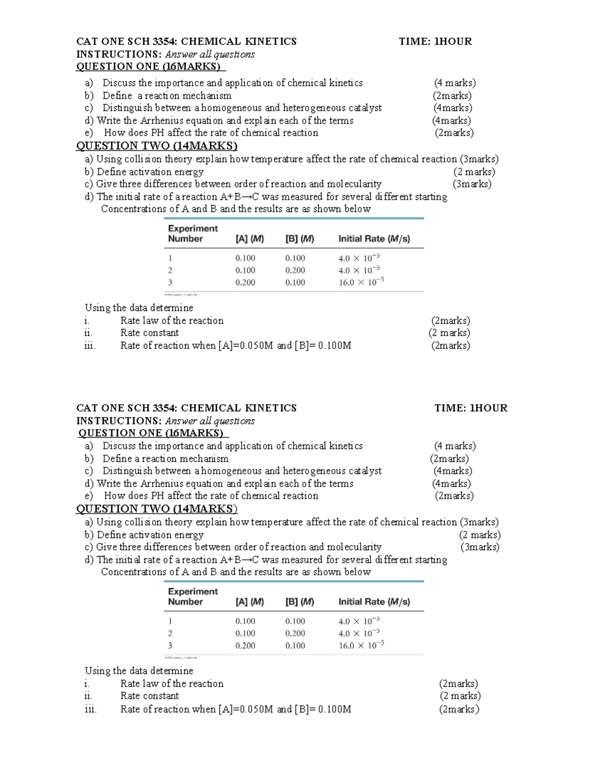 SCH-3354: Chemical Kinetics - CAT 1 Exam Instructions and Questions ...