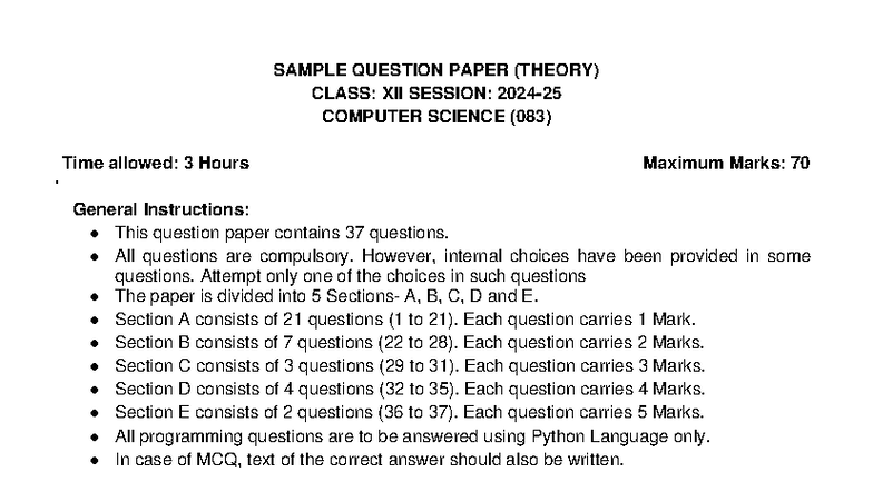 Computer Science (083) Class XII Sample Question Paper (SQP) - Studocu