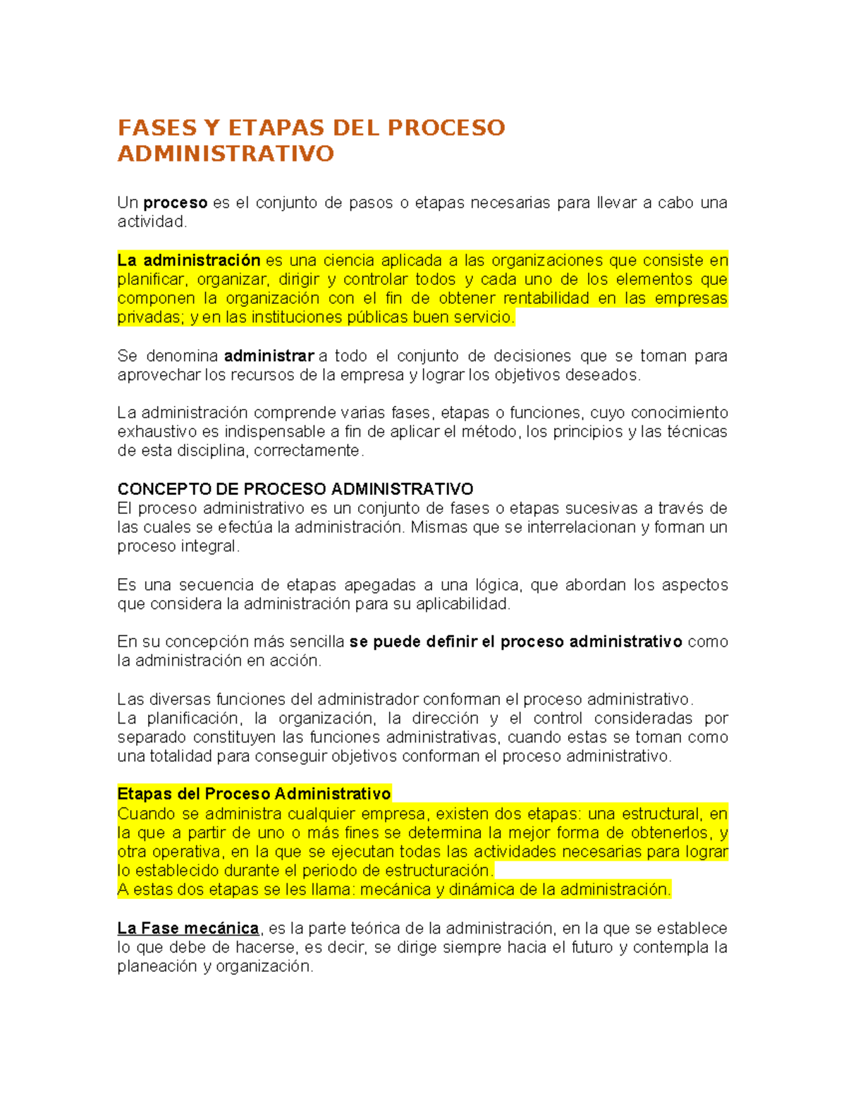 Fases y Etapas del Proceso Administrativo: Guía Completa - Studocu