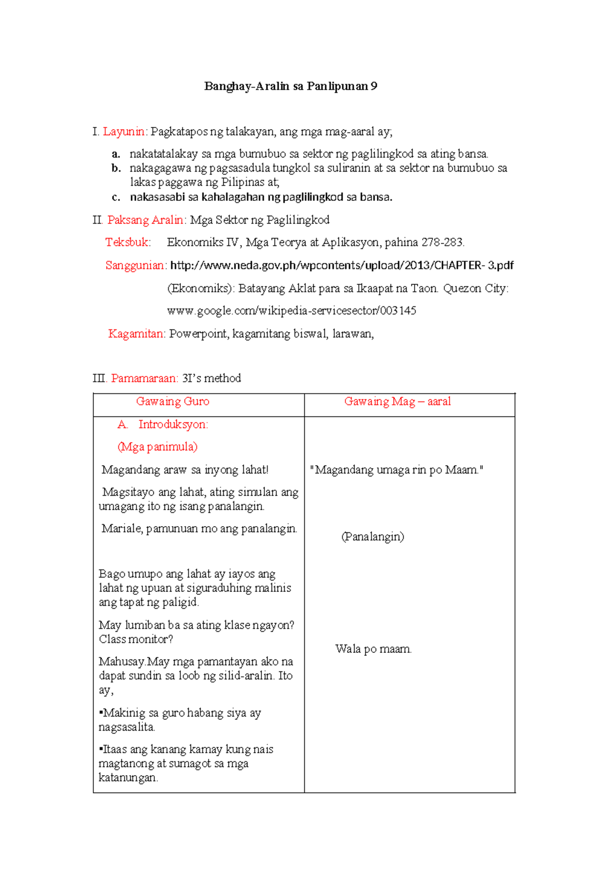 Banghay-Aralin: Sektor ng Paglilingkod sa Panlipunan 9 - Studocu