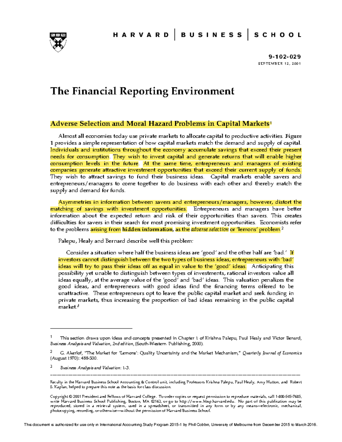 Reading Financial Reporting Environment - 9-102- SEPTEMBER 12, 2001 ...