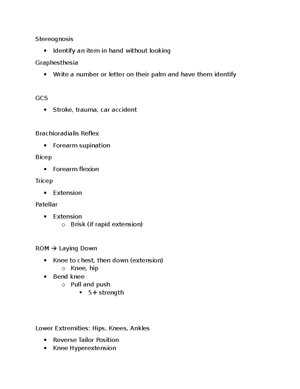 N190 Week 7 Notes: Stereognosis, Reflexes, and ROM Assessments - Studocu