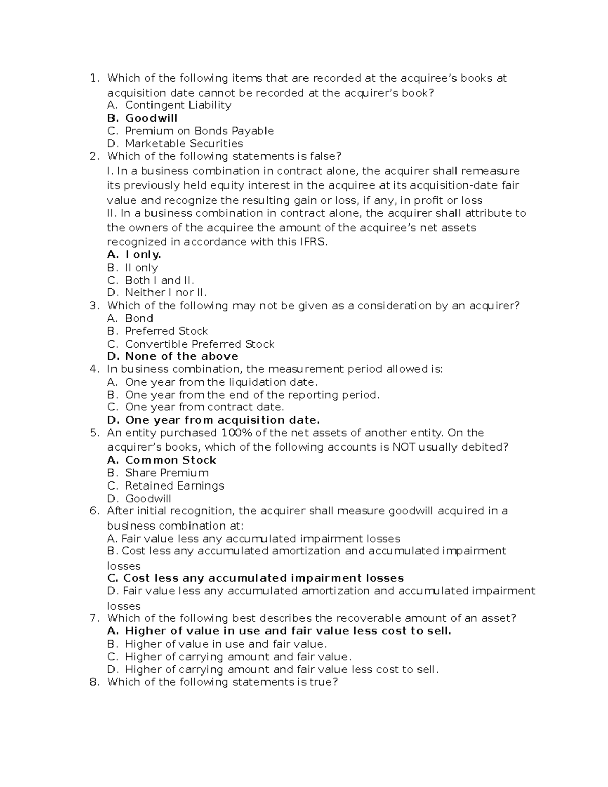 BUS - Business Combination Exam Questions and Answers - Studocu