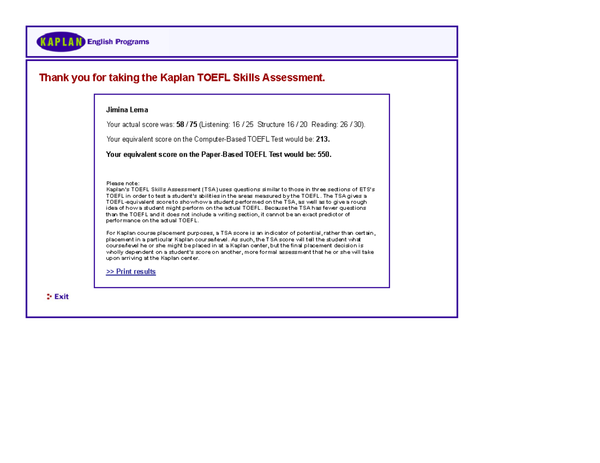 Welcome to the Toefl Skill Assessment - Thank you for taking the Kaplan ...