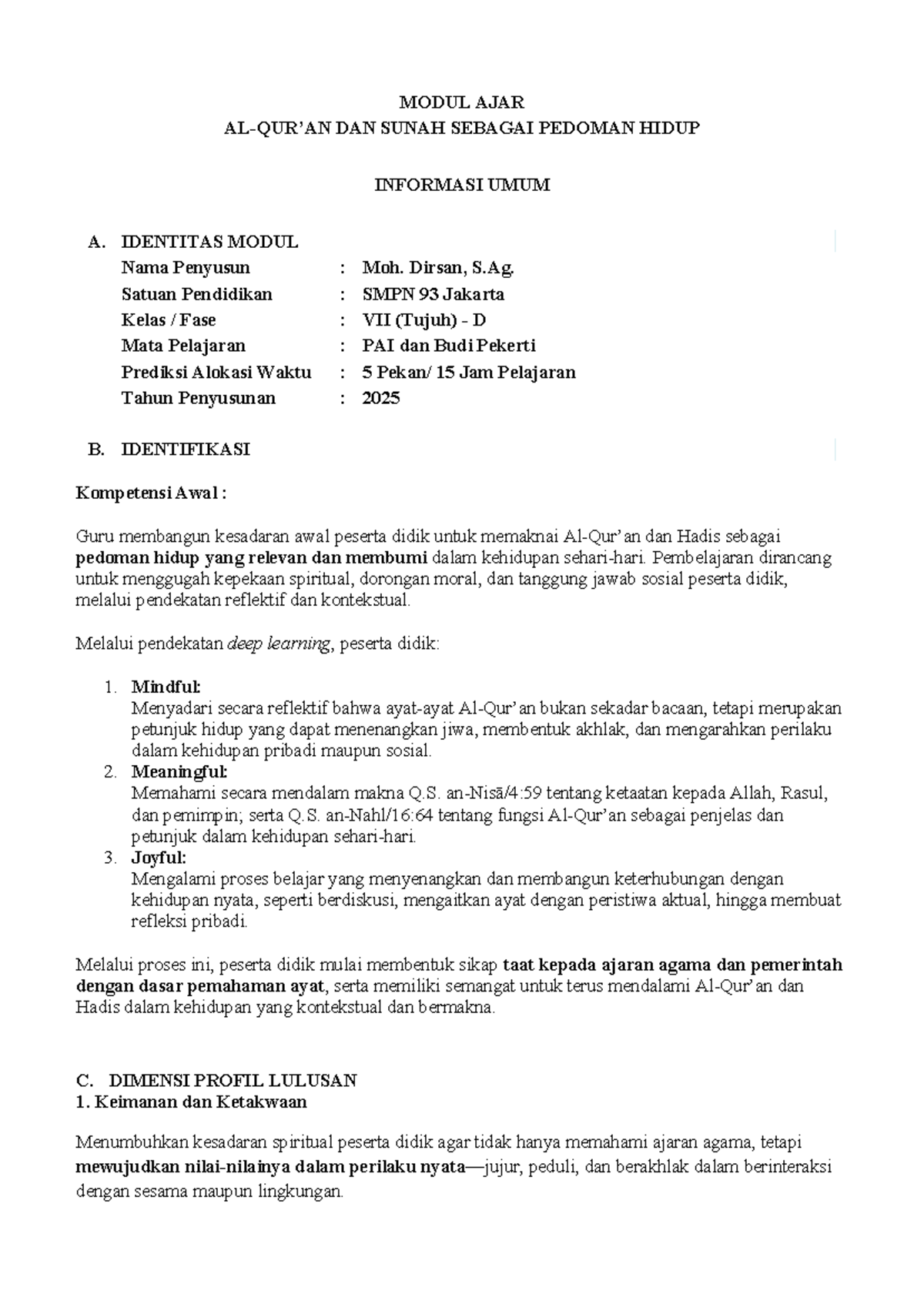 Modul PAI 7: Deep Learning dan Pedoman Hidup - BAB 1 Dirsan - Studocu
