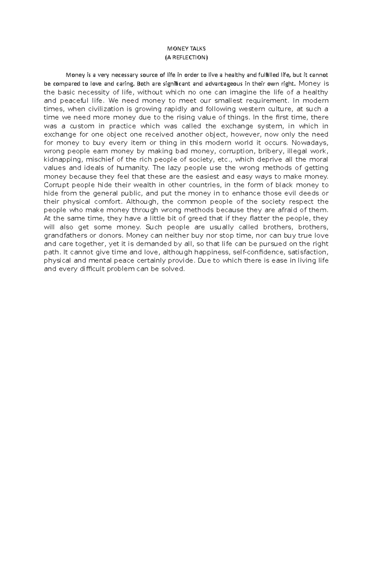 Reflection on the Role of Money in Life and Society - Studocu