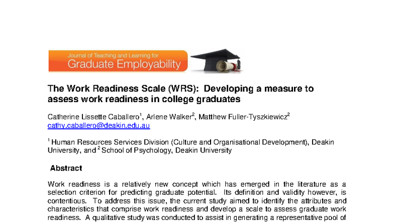 WRS: Developing a Work Readiness Scale for College Graduates - Studocu