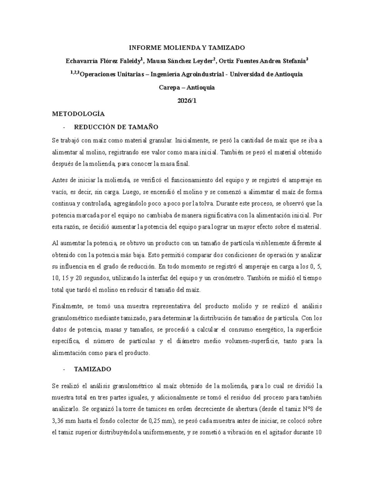 OUA-Urabá - Informe de Molienda y Tamizado de Maíz - G1 - Studocu