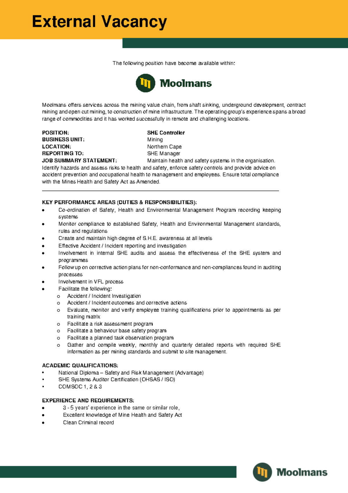 SHE Controller Vacancy (003) - Moolmans Mining Opportunity - Studocu