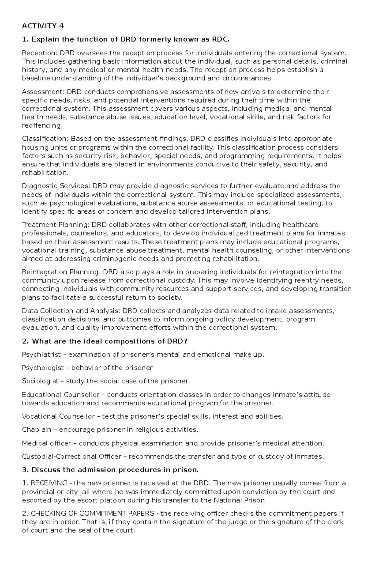 Activity 4 - Understanding the Role of DRD in Correctional Systems ...
