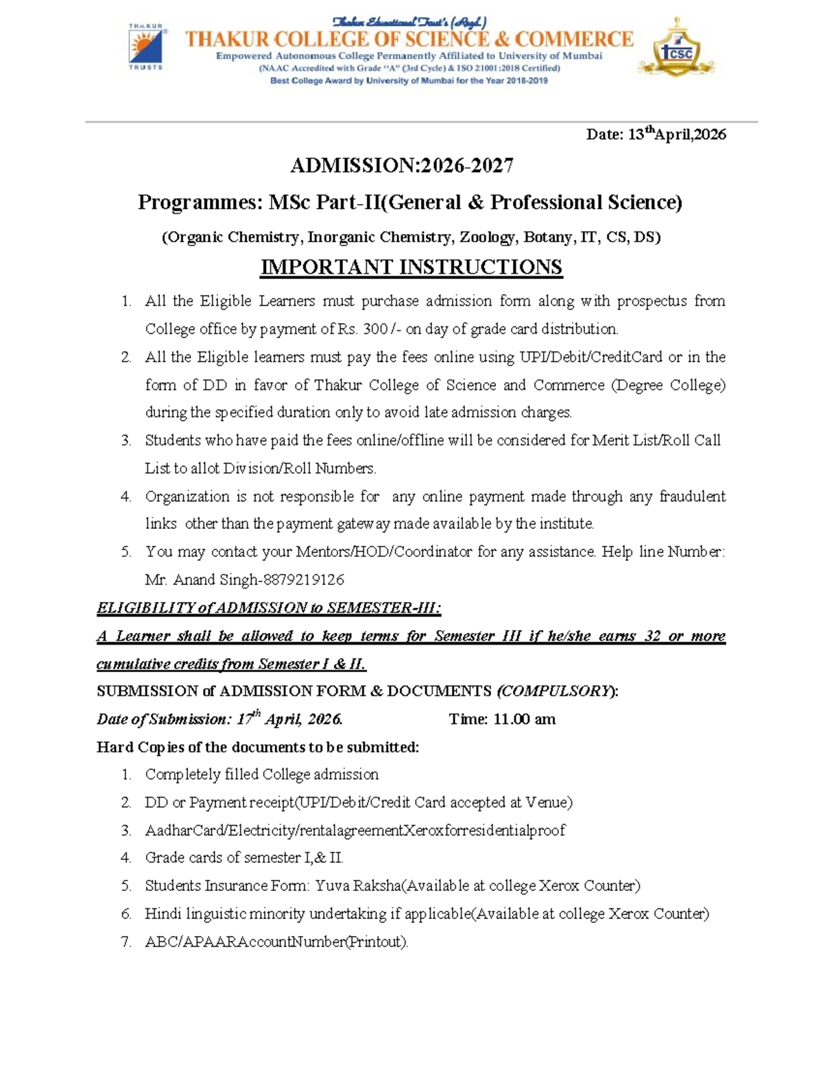 MSc Science PG Admission Guidelines 2026-2027 - Studocu