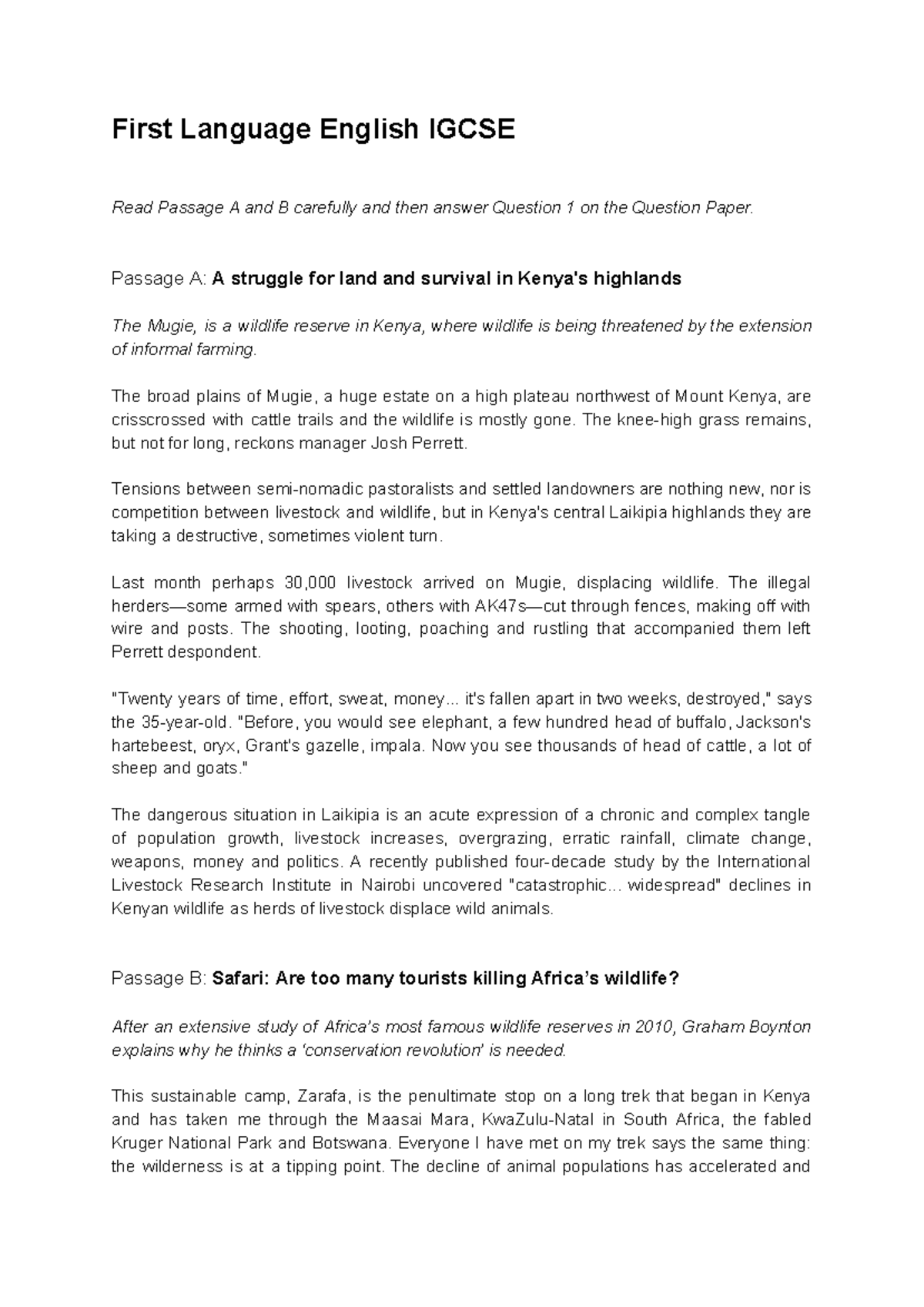 IGCSE First Language English Reading Paper 1: Passages A & B Analysis ...