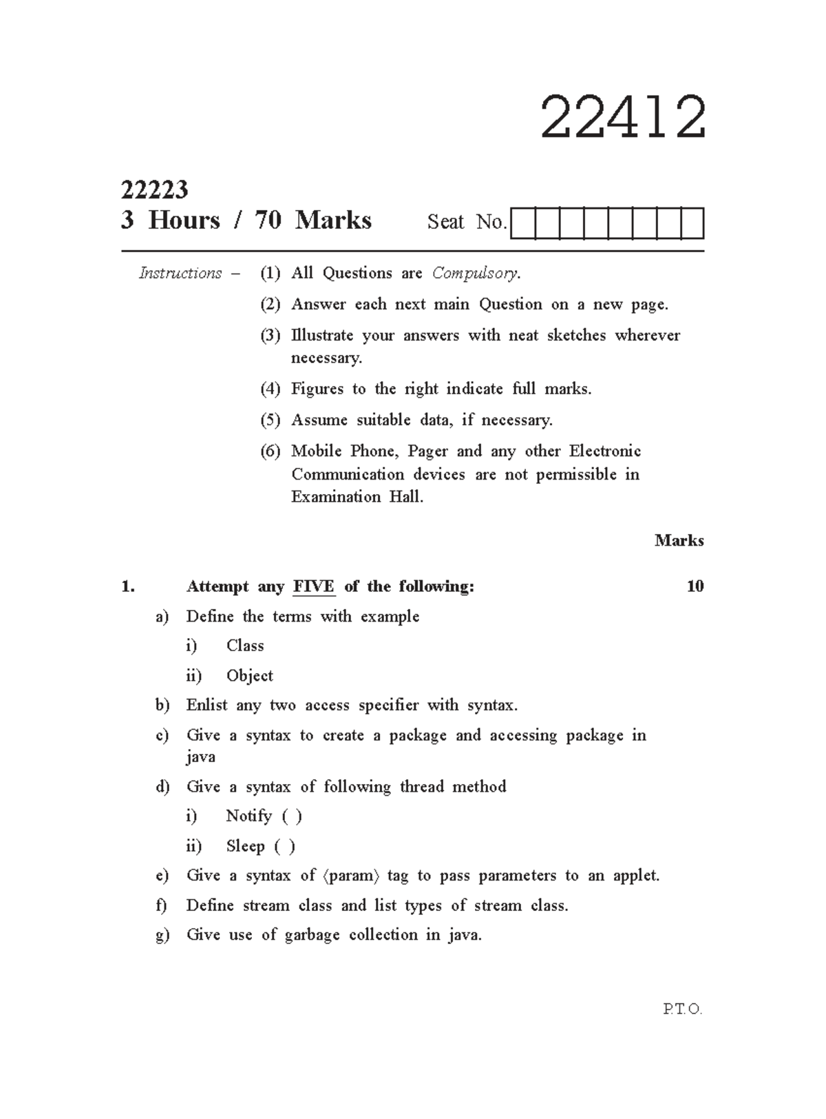 22412 - Java Programming Final Exam Paper (3 Hours, 70 Marks) - Studocu
