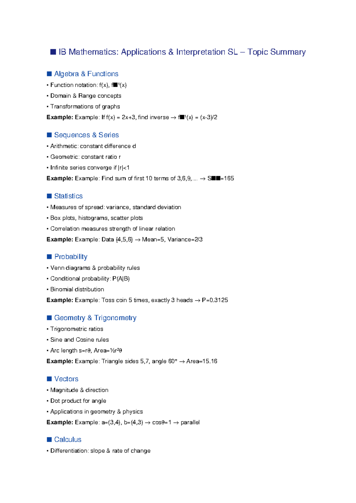 IB Math AI SL: Comprehensive Topic Summary and Key Concepts - Studocu