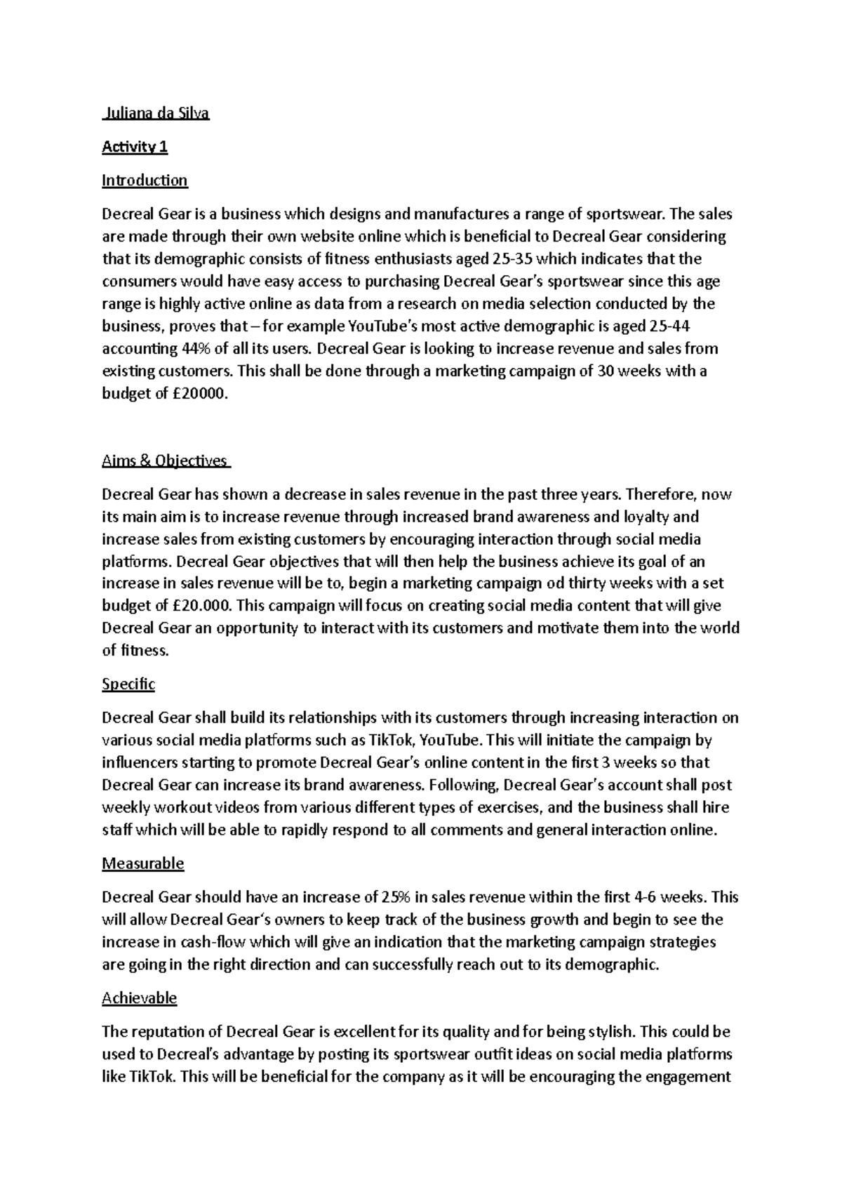 Decreal Gear Marketing Campaign Plan - PT 1: Strategies & Goals - Studocu