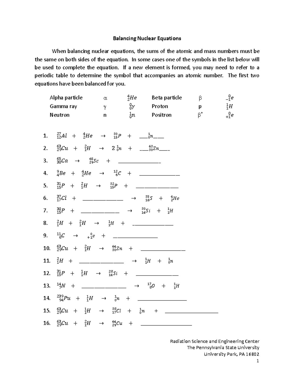Nuclear Equations Balancing Worksheet - Radiation Science Eng. - Studocu