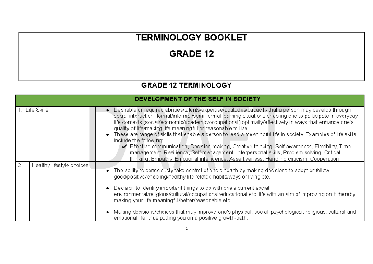 Grade 12 Life Skills Terminology Booklet: Development of Self in ...