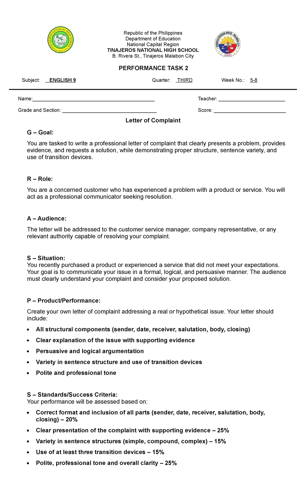 Q3-G9-PETA2 - Performance Task 2 - Republic of the Philippines ...