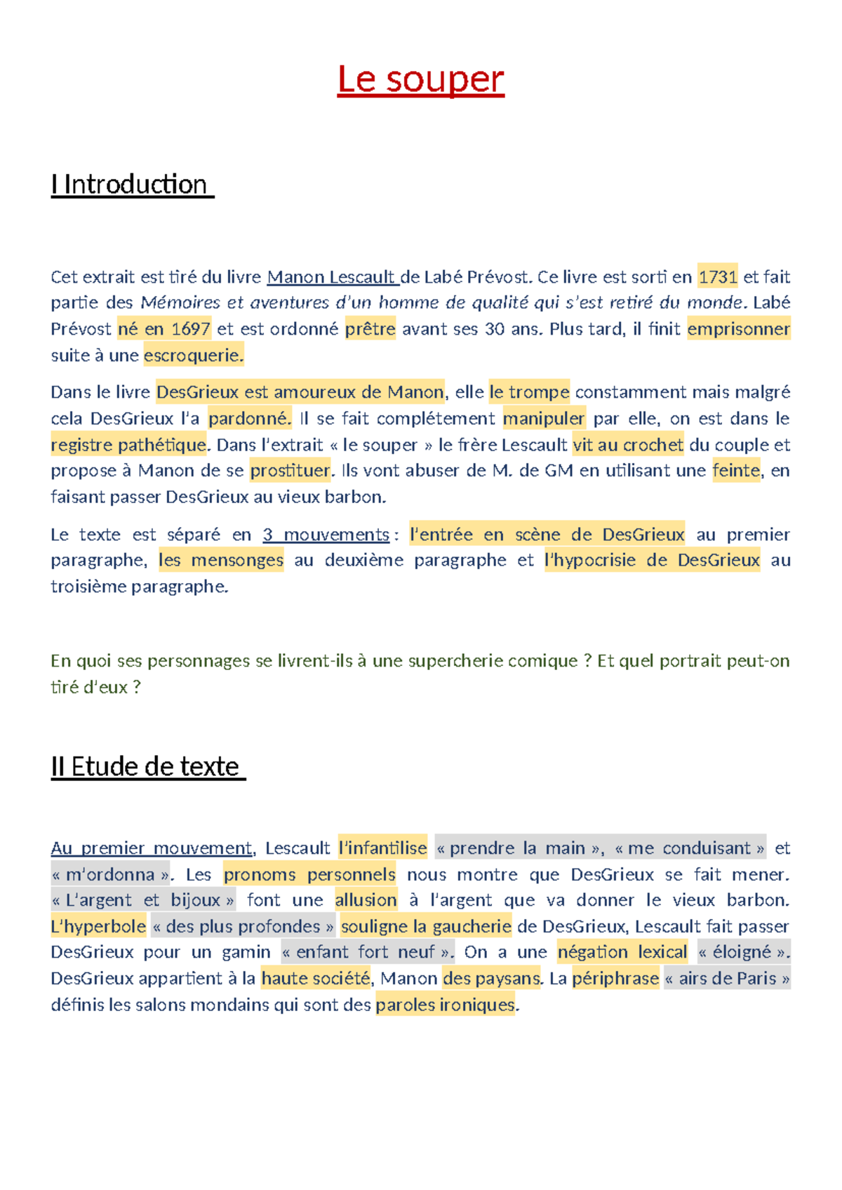 Lecture linéaire : Analyse de "Le souper" dans Manon Lescault - Studocu