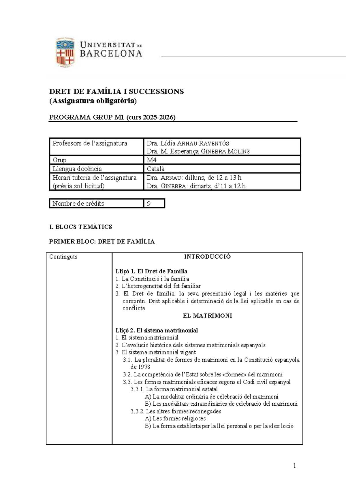 Programa DRET DE FAMÍLIA I SUCCESSIONS (2025-2026) MEGM-LAR DEF - Studocu