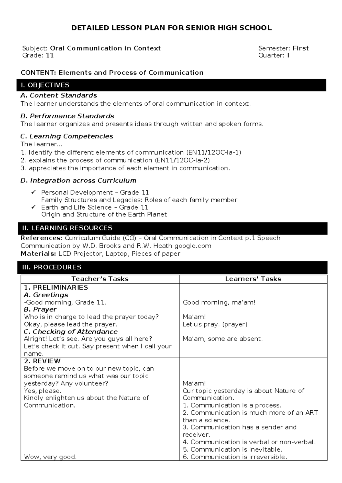 Detailed Lesson Plan: Oral Communication in Context (Grade 11, 1st Sem) - Studocu