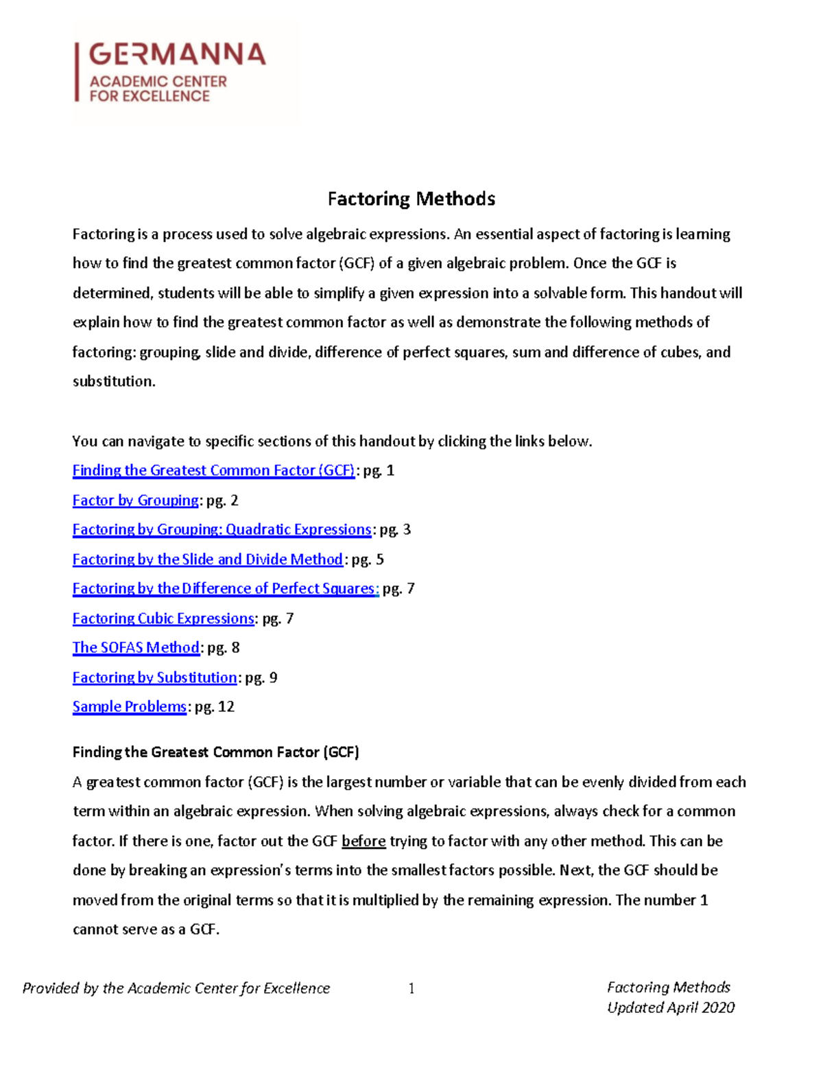 Factoring Methods: Finding GCF and Various Techniques - Studocu