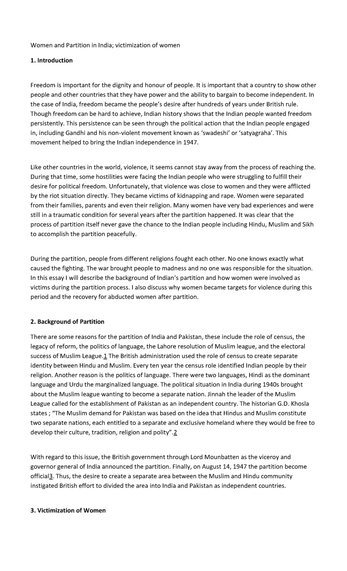 Women and the Victimization During India's Partition: A Study - Studocu