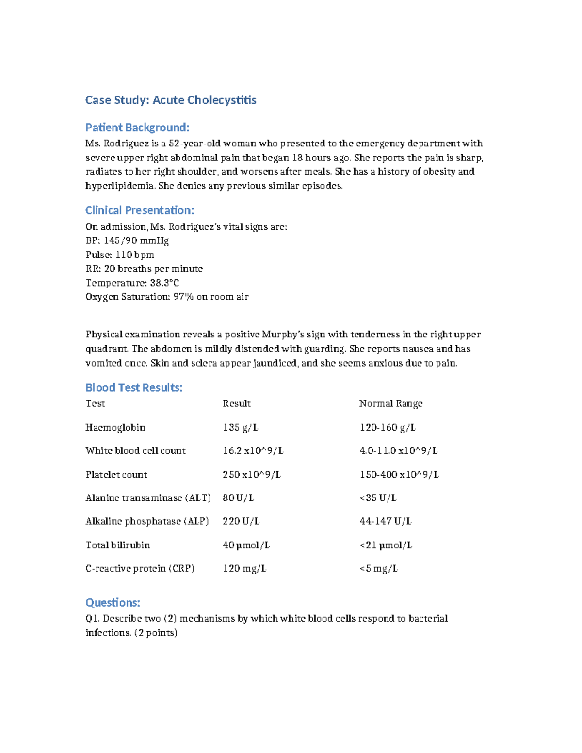 Case Study: Acute Cholecystitis - Ms. Rodriguez's Clinical Overview ...