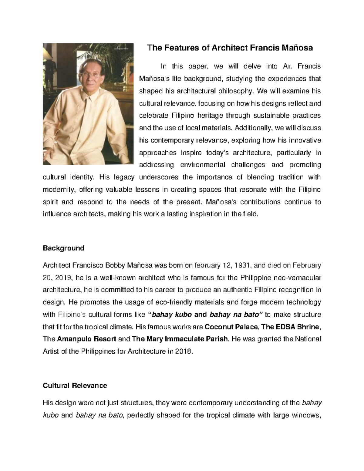 G5 - Concept Paper: The Legacy of Architect Francis Mañosa - Studocu