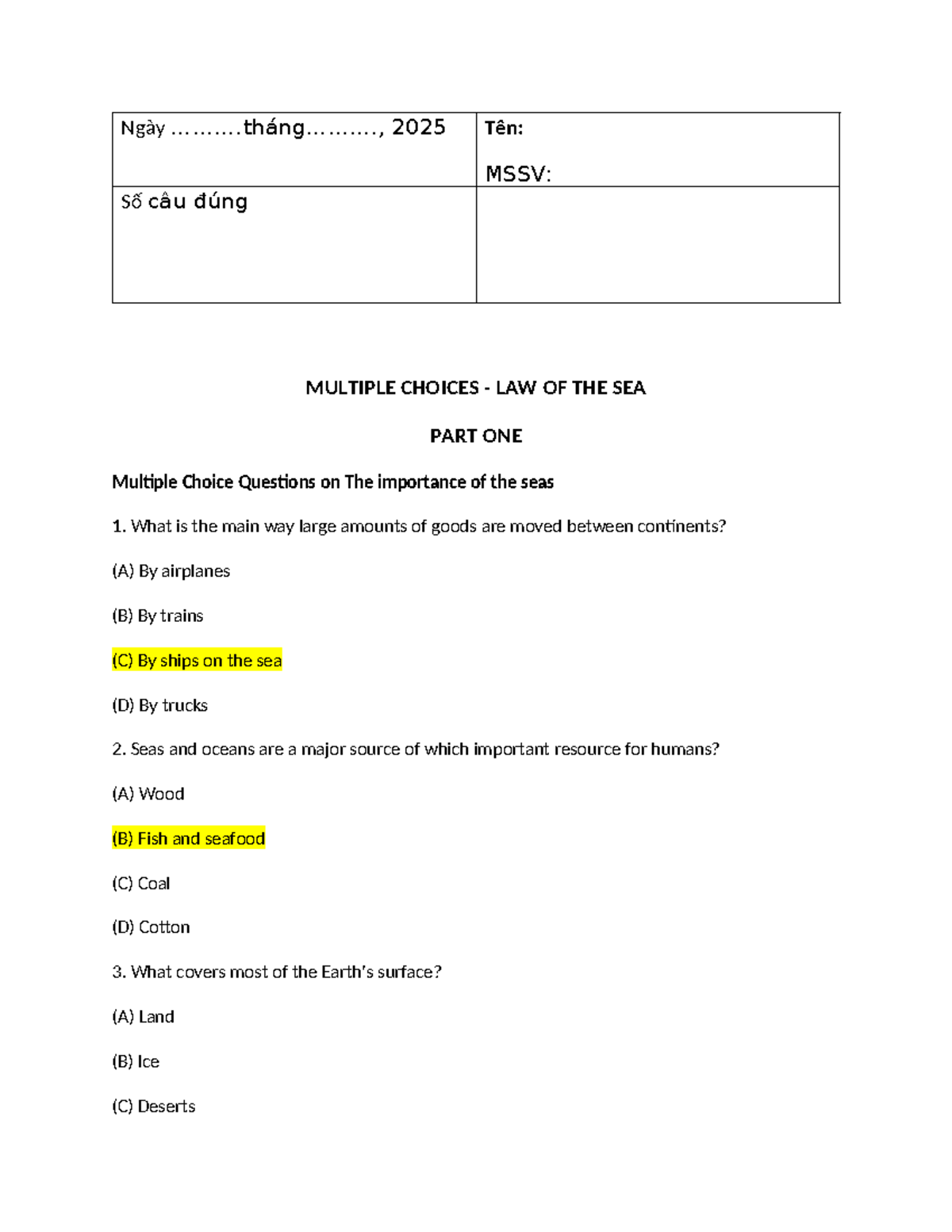 Multiple Choice Questions on Law of the Sea (LOS) - Part One - Studocu
