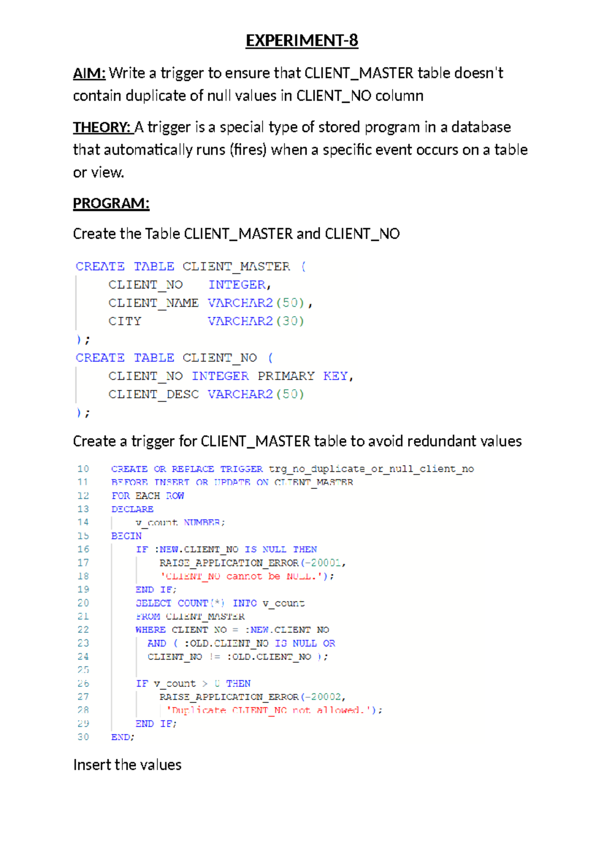 AIM: Trigger Creation for CLIENT_MASTER Table - Experiment File - Studocu