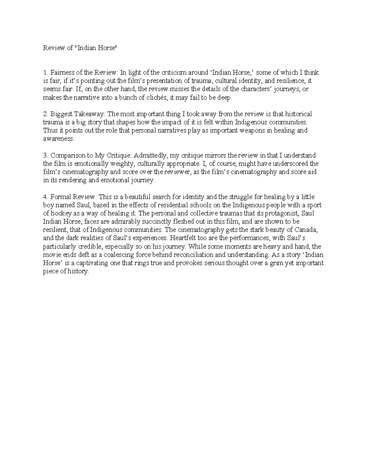 Indian horse writing assignment - Review of "Indian Horse" Fairness of ...