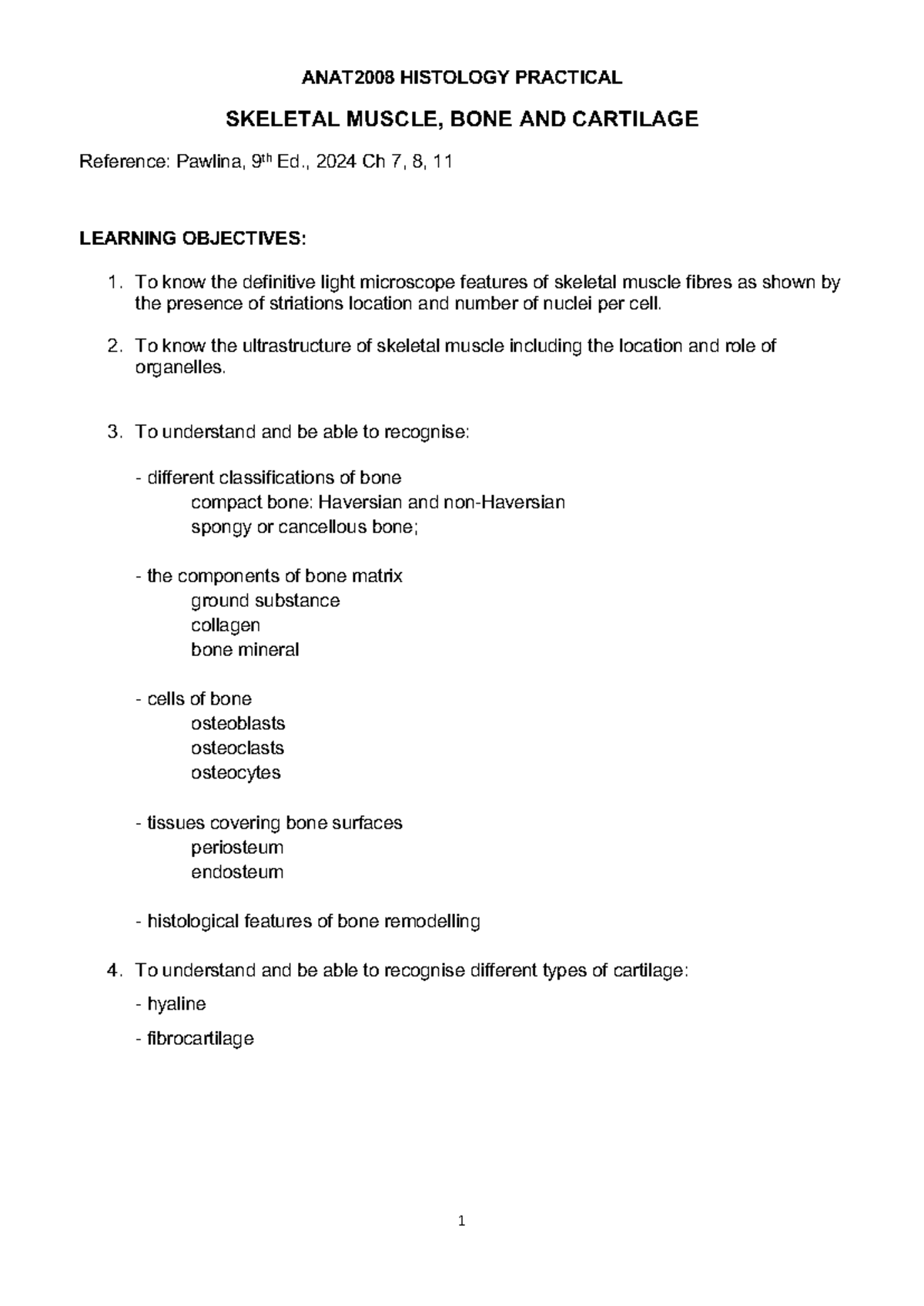 ANAT2008 Histology Practical: Skeletal Muscle, Bone & Cartilage - Studocu