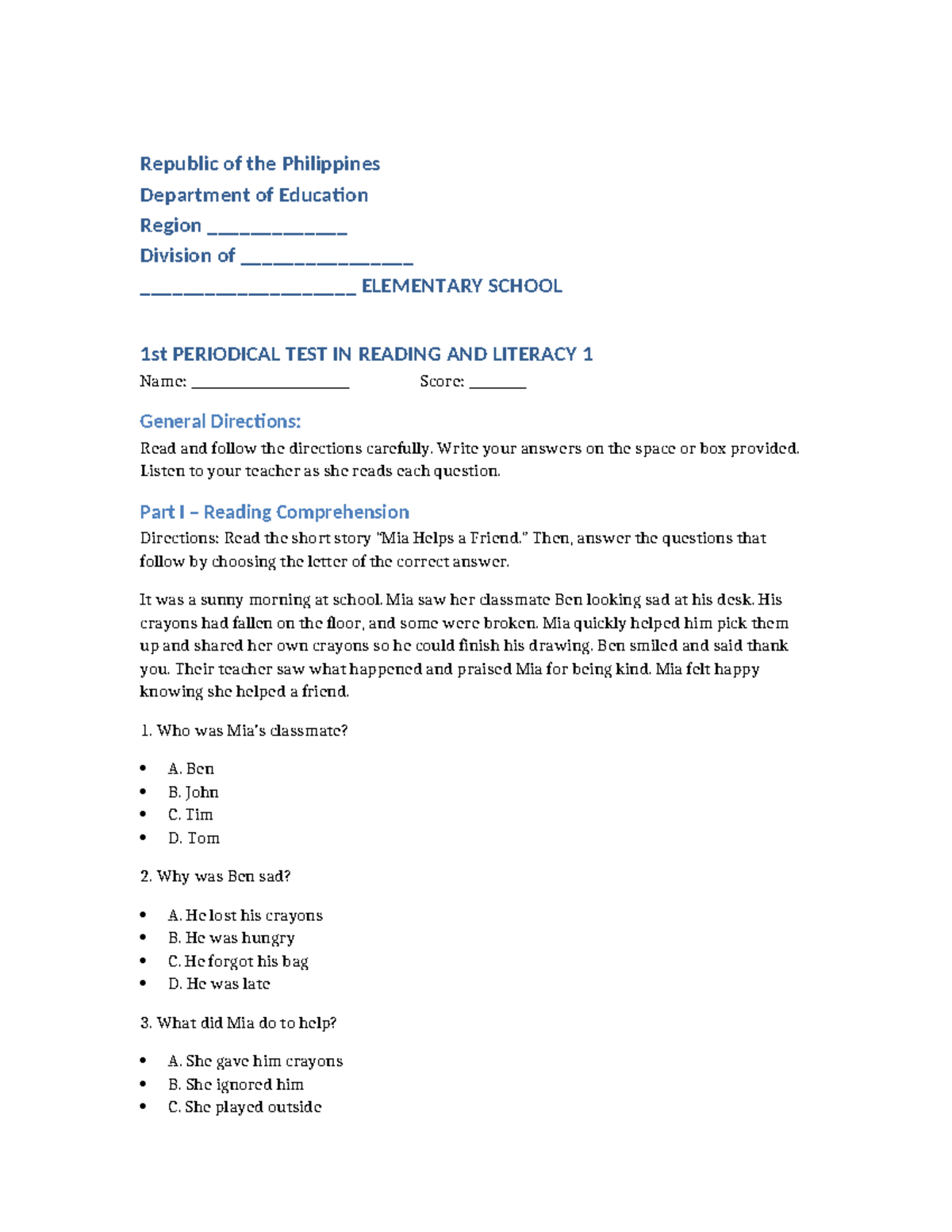 1st Periodical Test in Reading & Literacy 1 - Philippines - Studocu